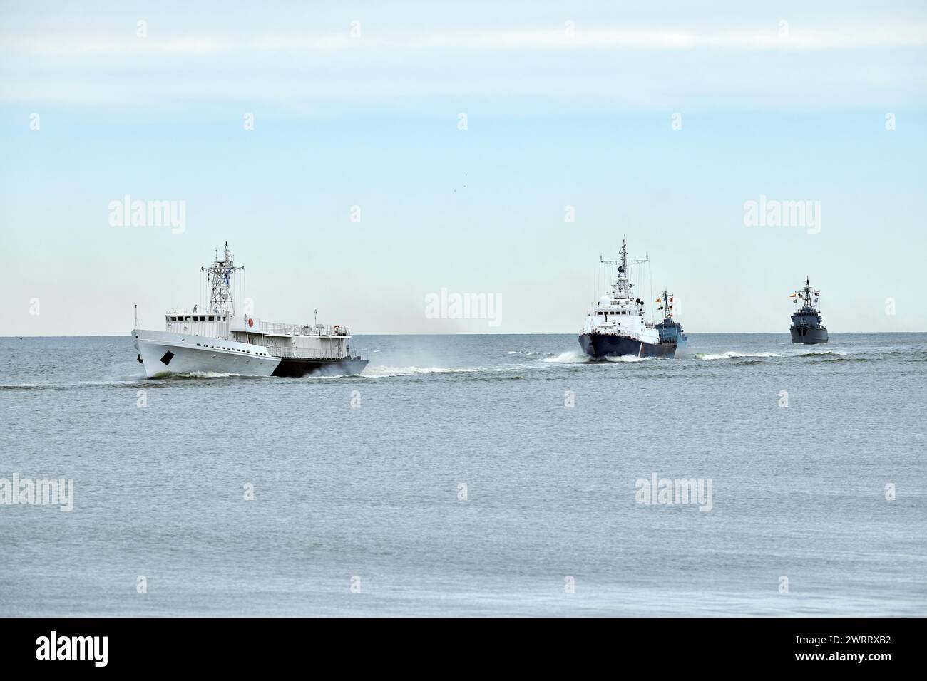 Flotilla of Russian warships sailing toward military target, armed ...