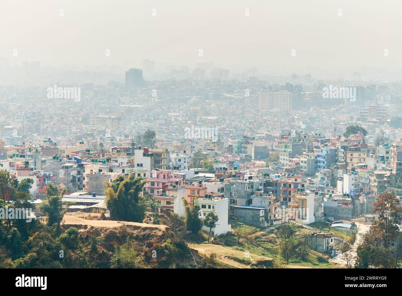 View of Kathmandu capital of Nepal from mountain through urban haze ...