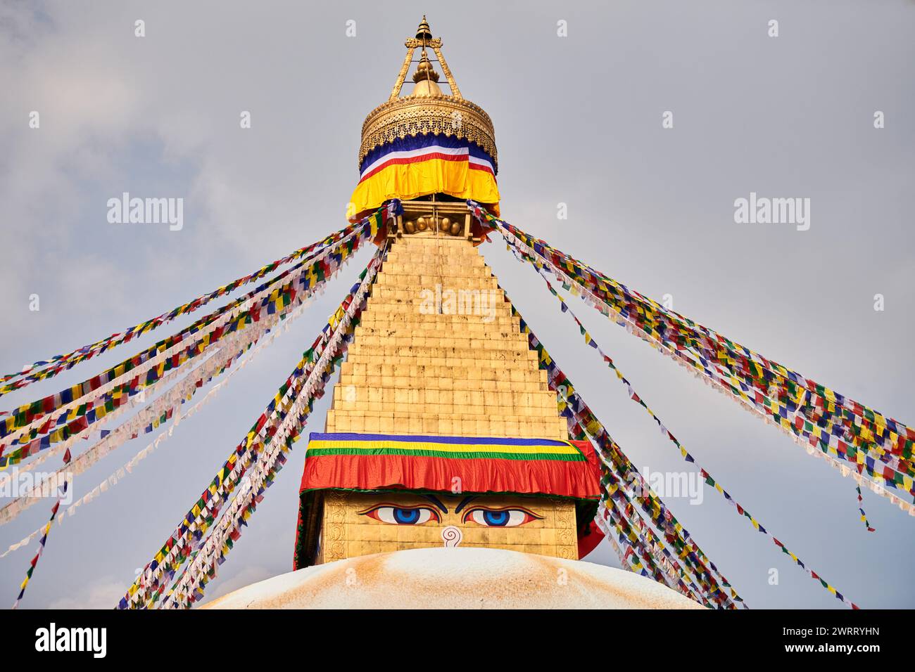 Boudhanath stupa in Kathmandu, Nepal decorated Buddha wisdom eyes and ...