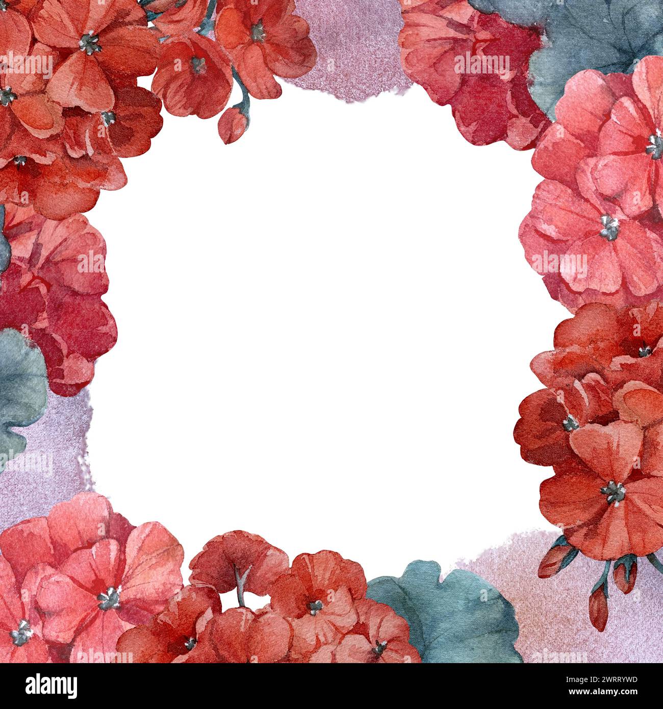 Frame with red geranium flowers and leaves. Template for cards with ...