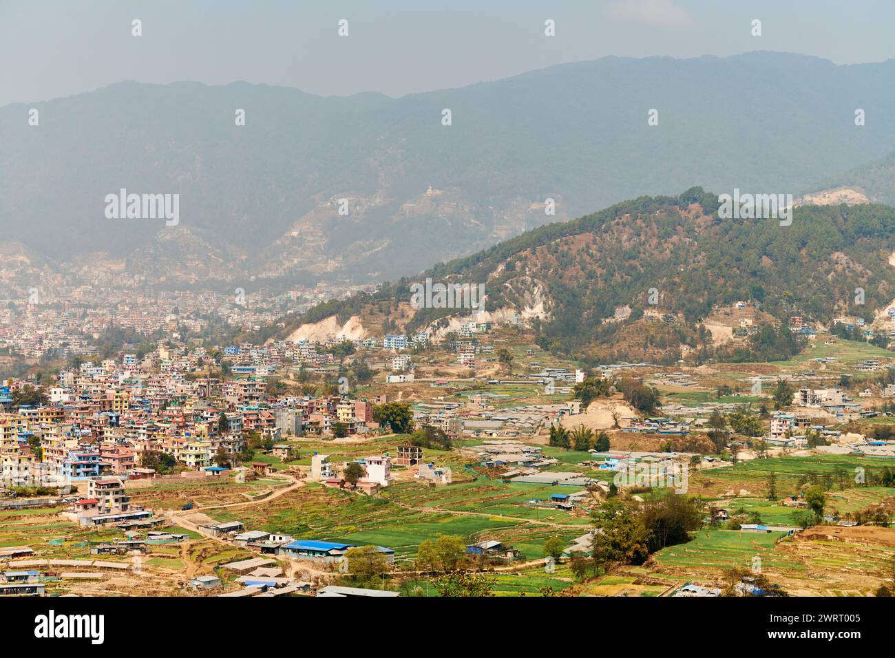 View of Kathmandu capital of Nepal from mountain through urban haze ...