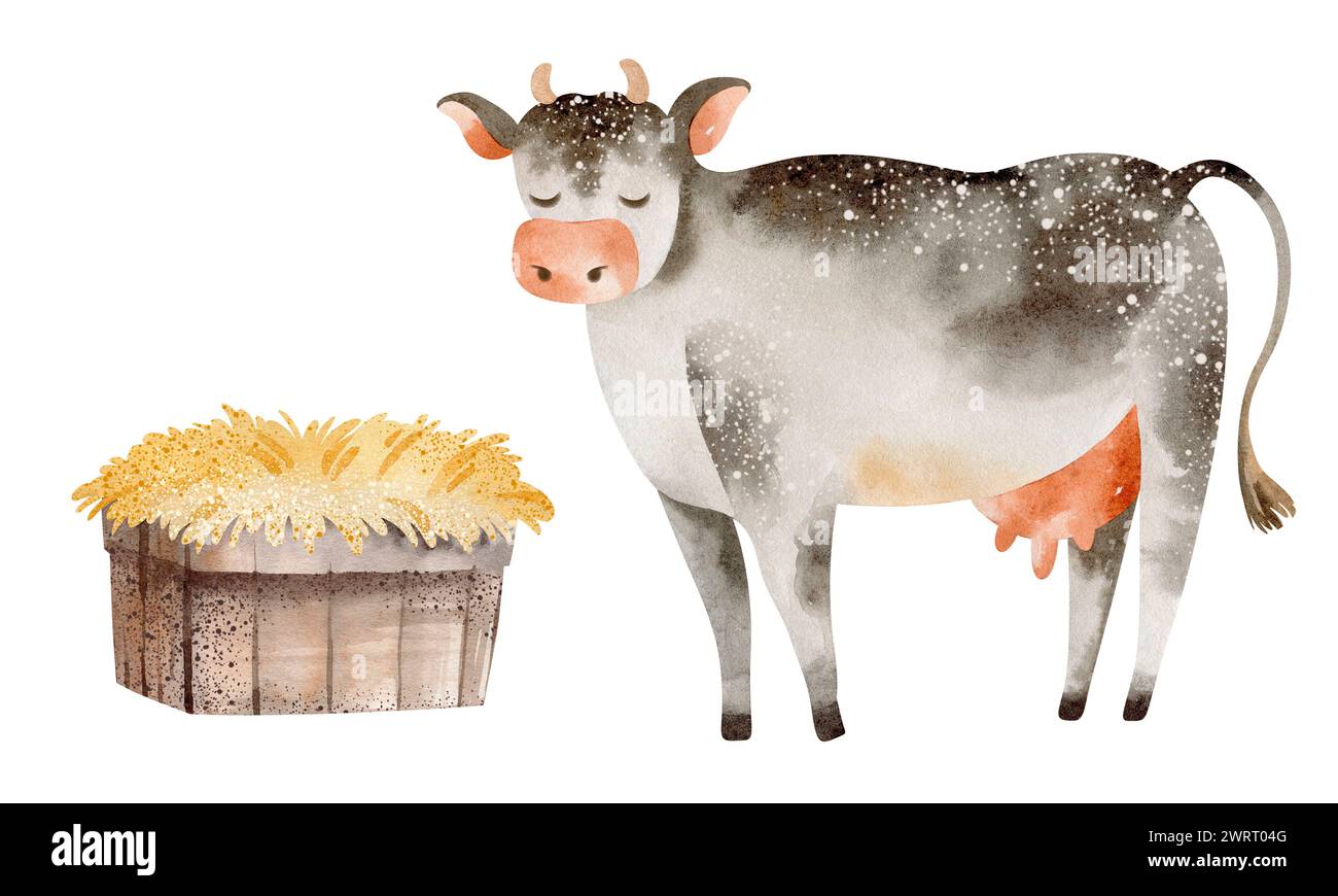 Watercolor illustration of a cartoon cow Stock Photo - Alamy