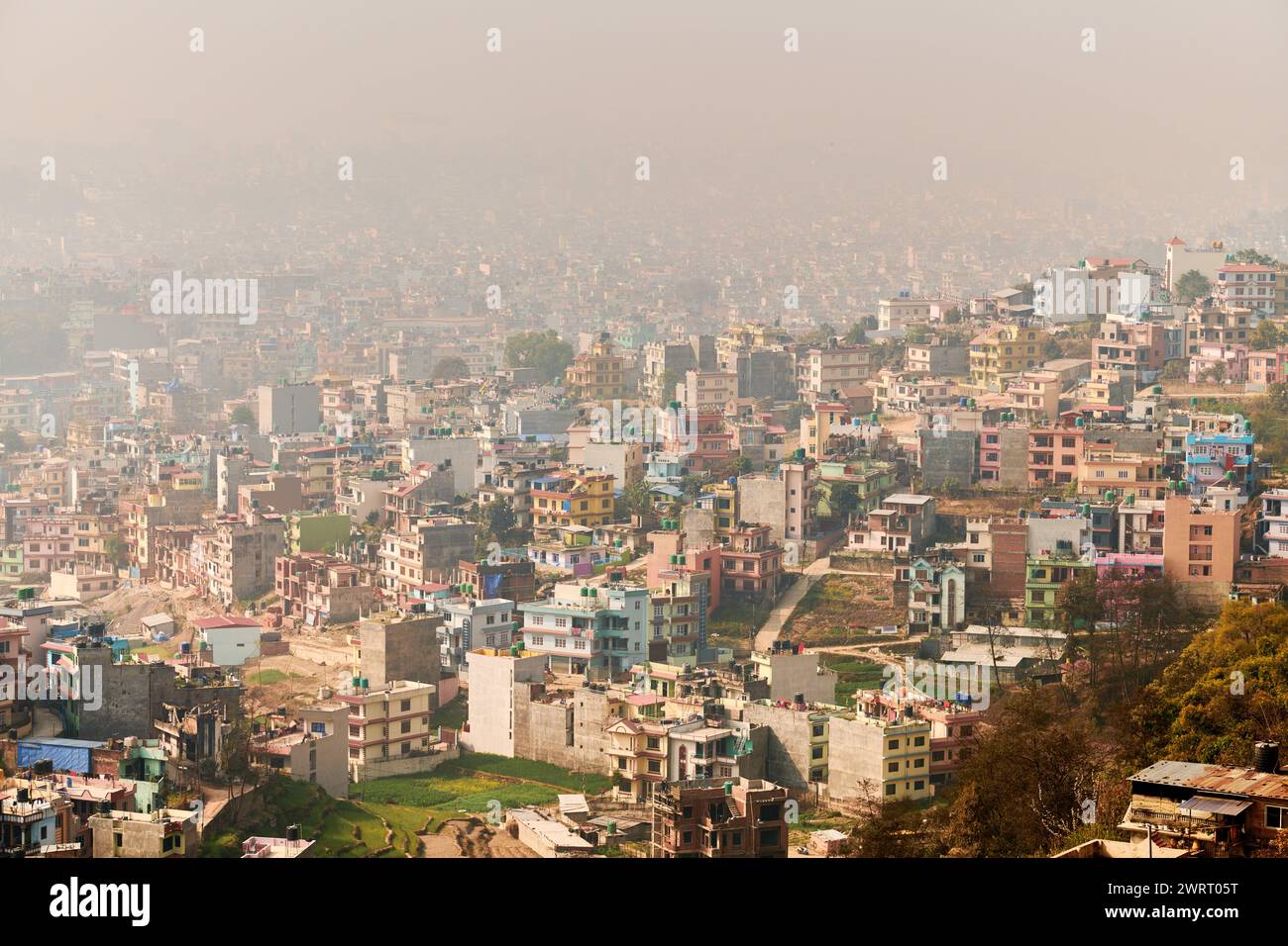 View of Kathmandu capital of Nepal from mountain through urban haze ...