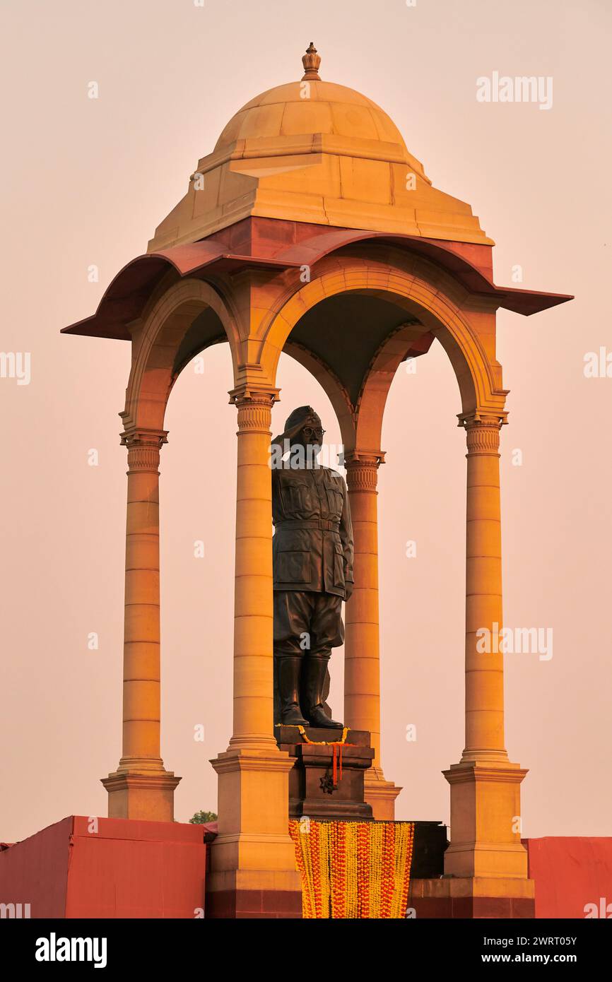 Statue of Subhas Chandra Bose under canopy behind India Gate war ...