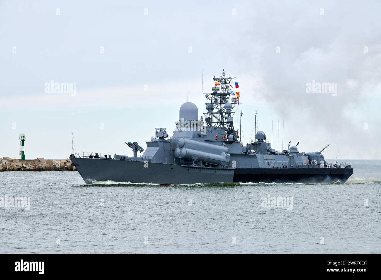 Russian warship armed with armament sails into sea toward military ...