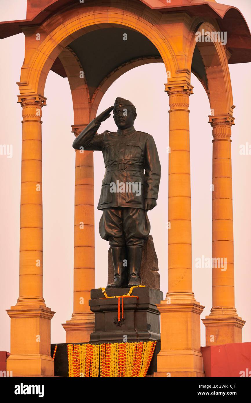 Statue of Subhas Chandra Bose under canopy behind India Gate war ...
