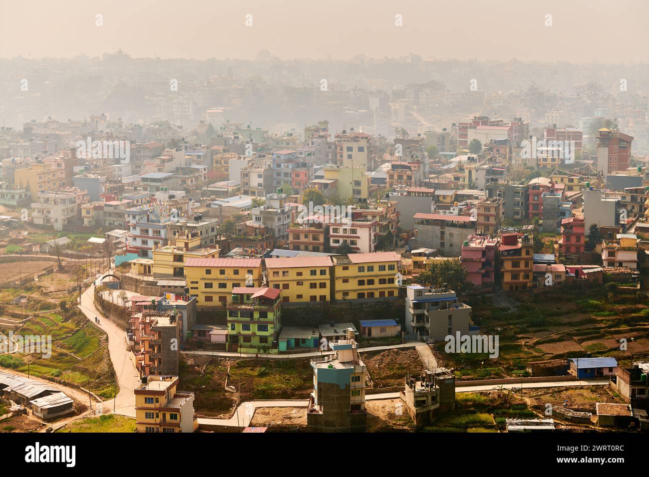 View of Kathmandu capital of Nepal from mountain through urban haze ...