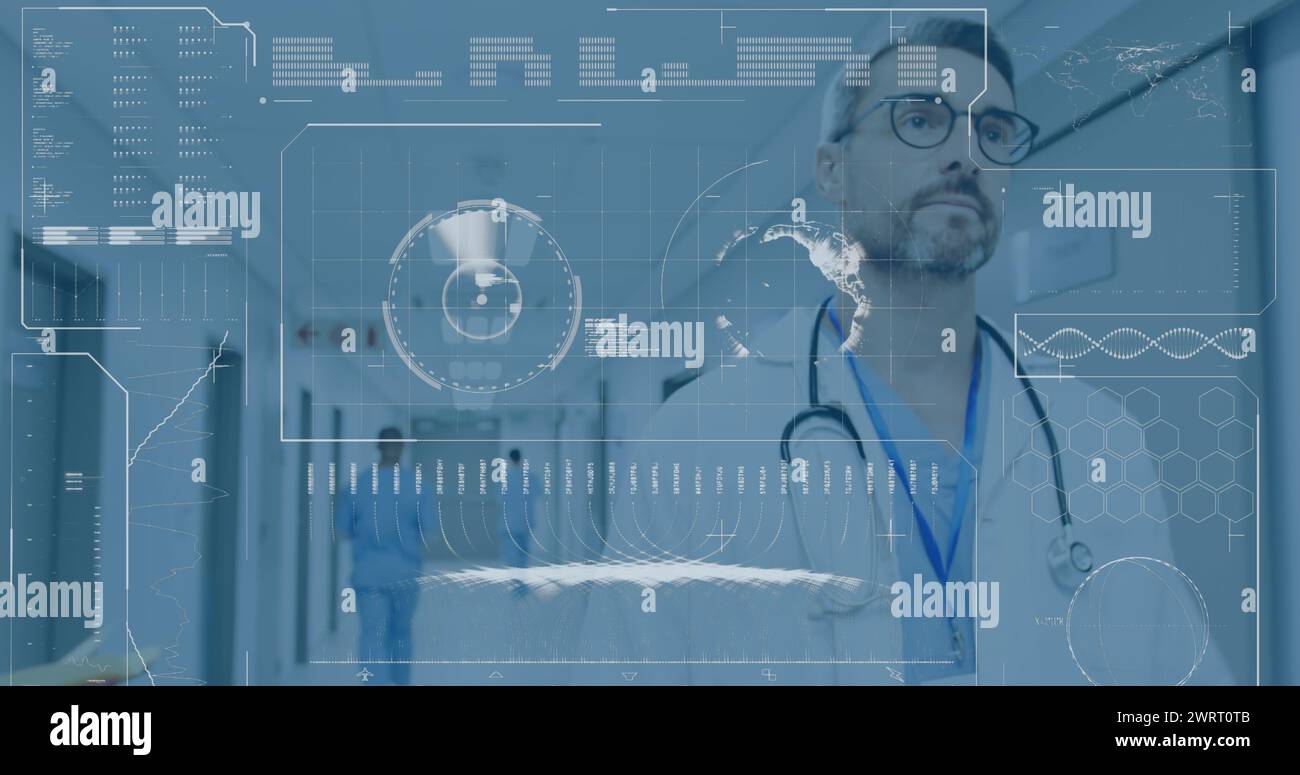 Image of scope scanning and data processing over caucasian male doctor ...
