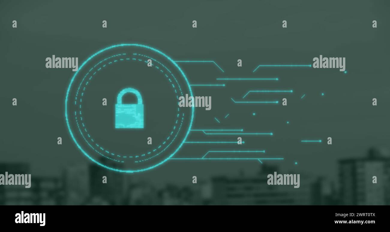 Image of security padlock icon against aerial view of tall buildings ...