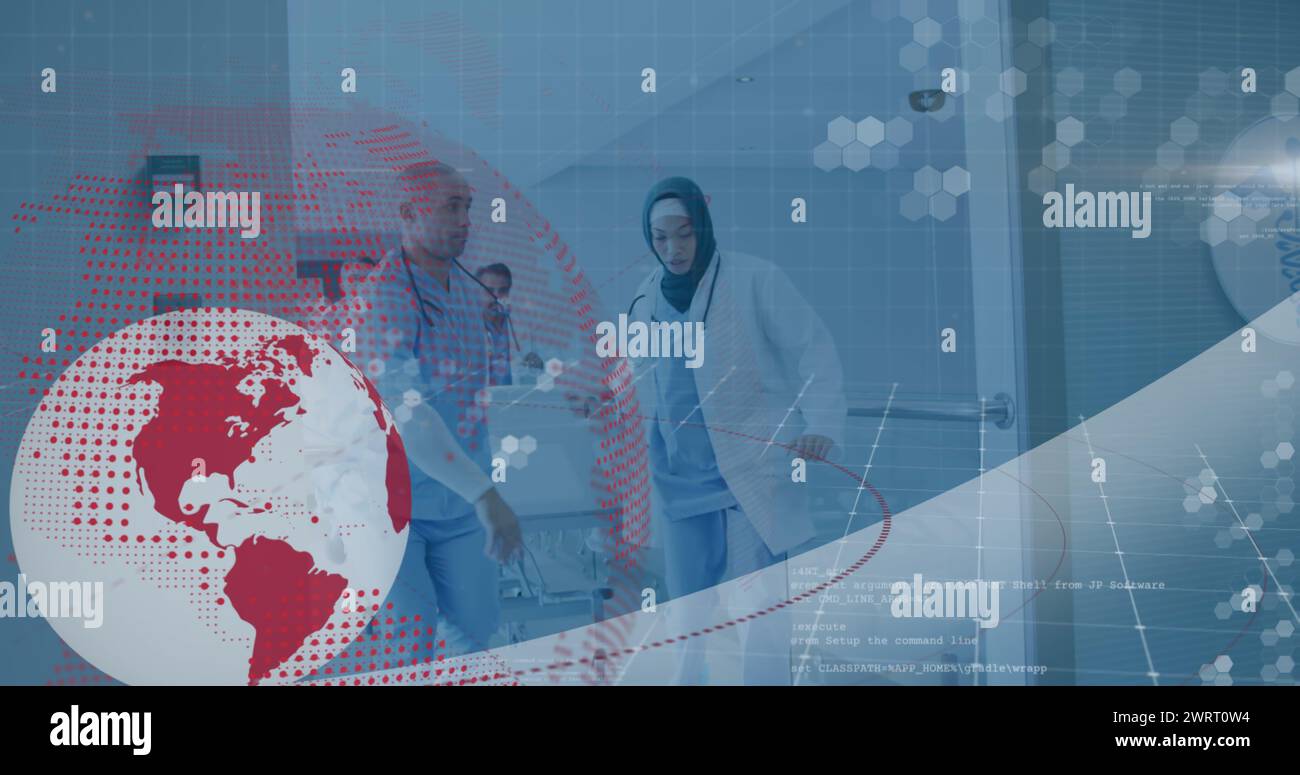 Image of data processing with globe over diverse doctors and patient at ...