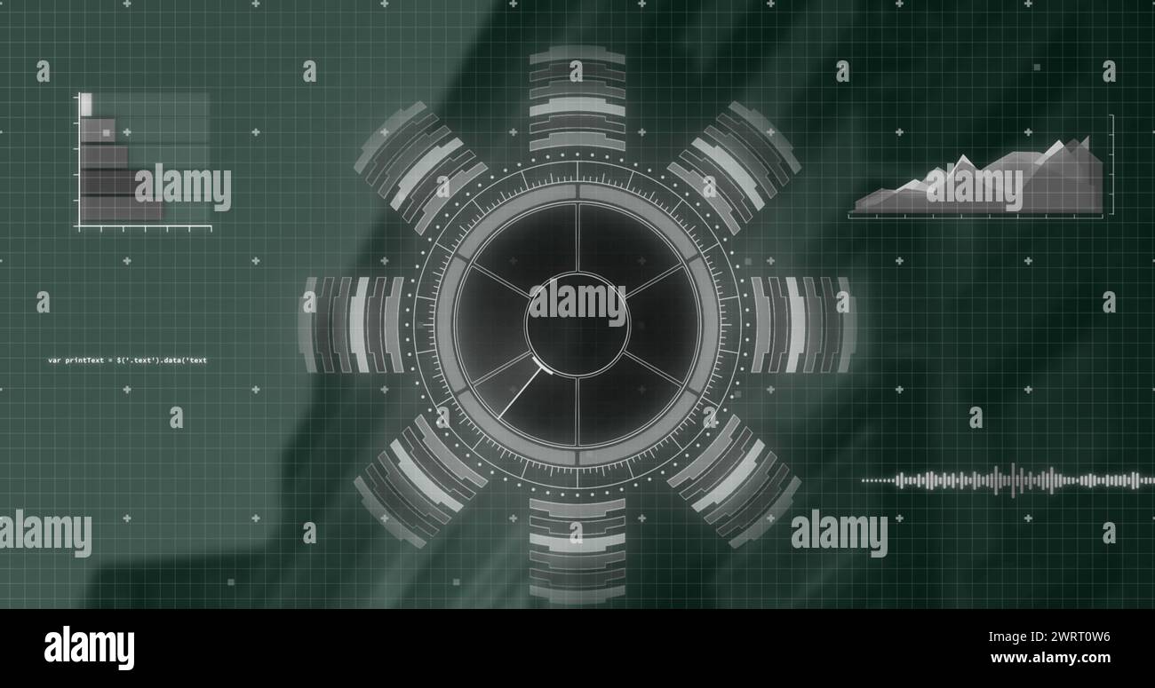 Image of round scanner and data processing against tall buildings ...
