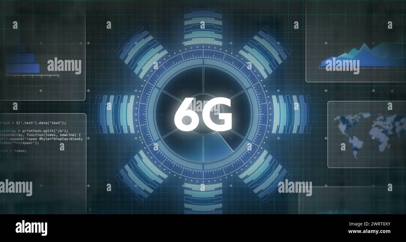 Image of 6g text on round scanner and interface with data processing on blue background Stock ...