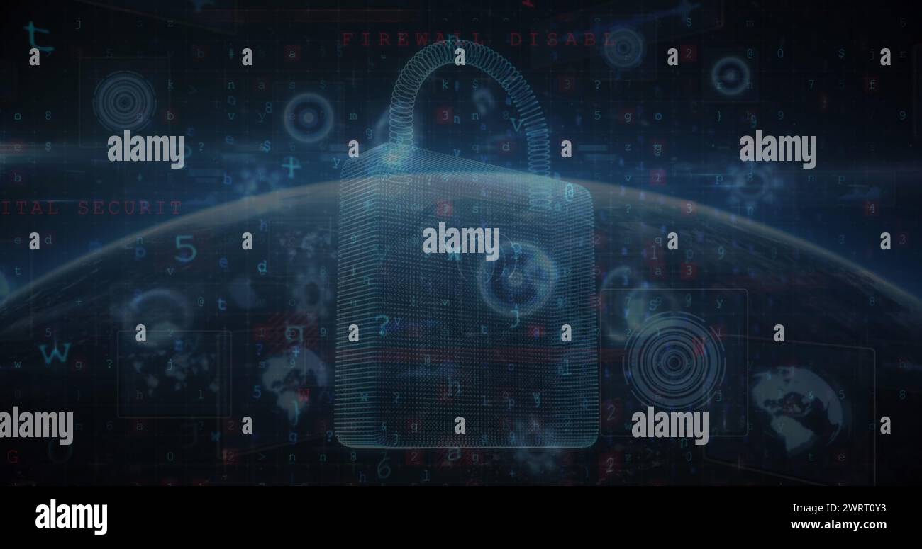Image of scope scanning with padlock icon and data processing over globe Stock Photo - Alamy