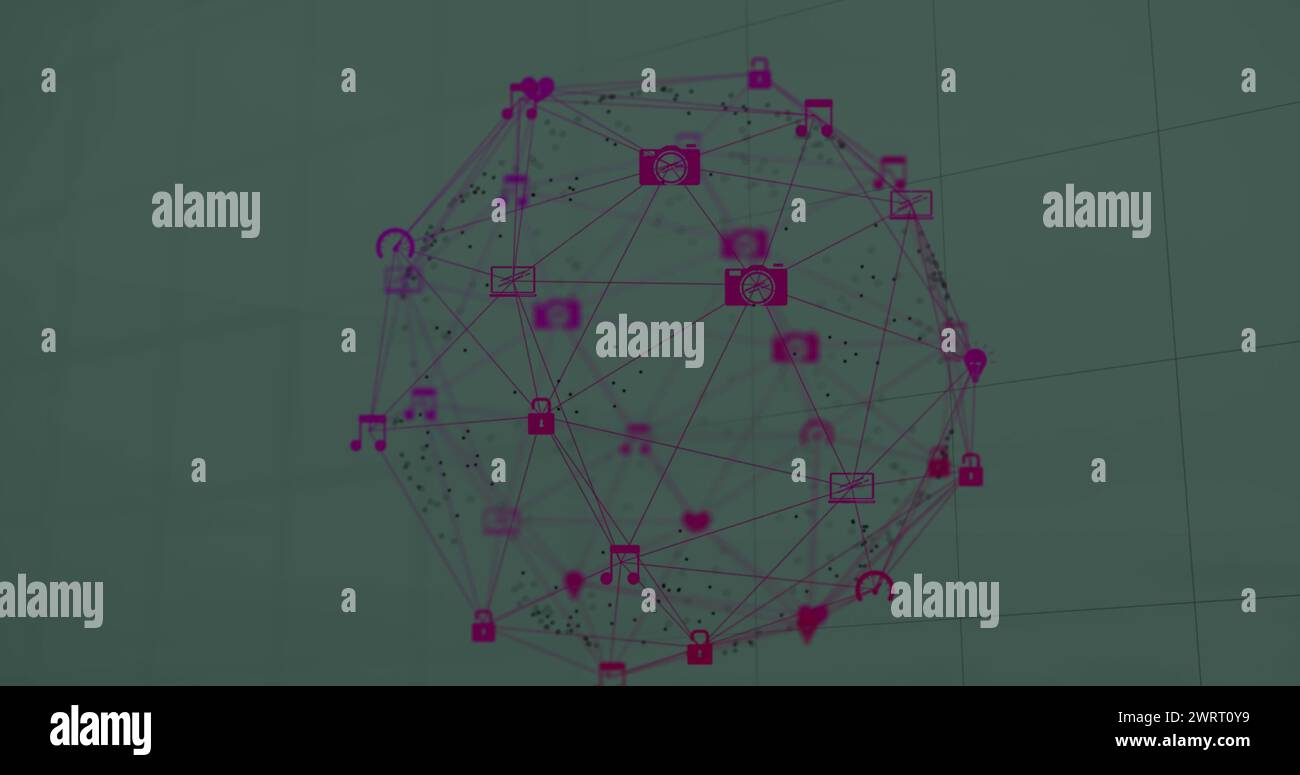 Image of globe of digital icons spinning over grid network against grey ...