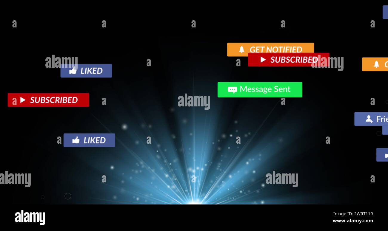 Image of social media icons with texts over light trails on black ...