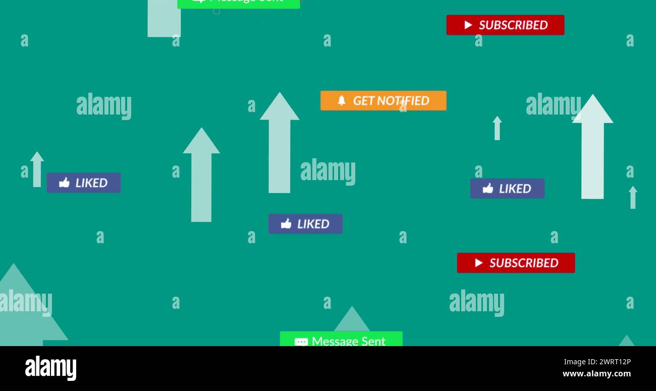 Image of social media icons with texts over arrows on green background ...