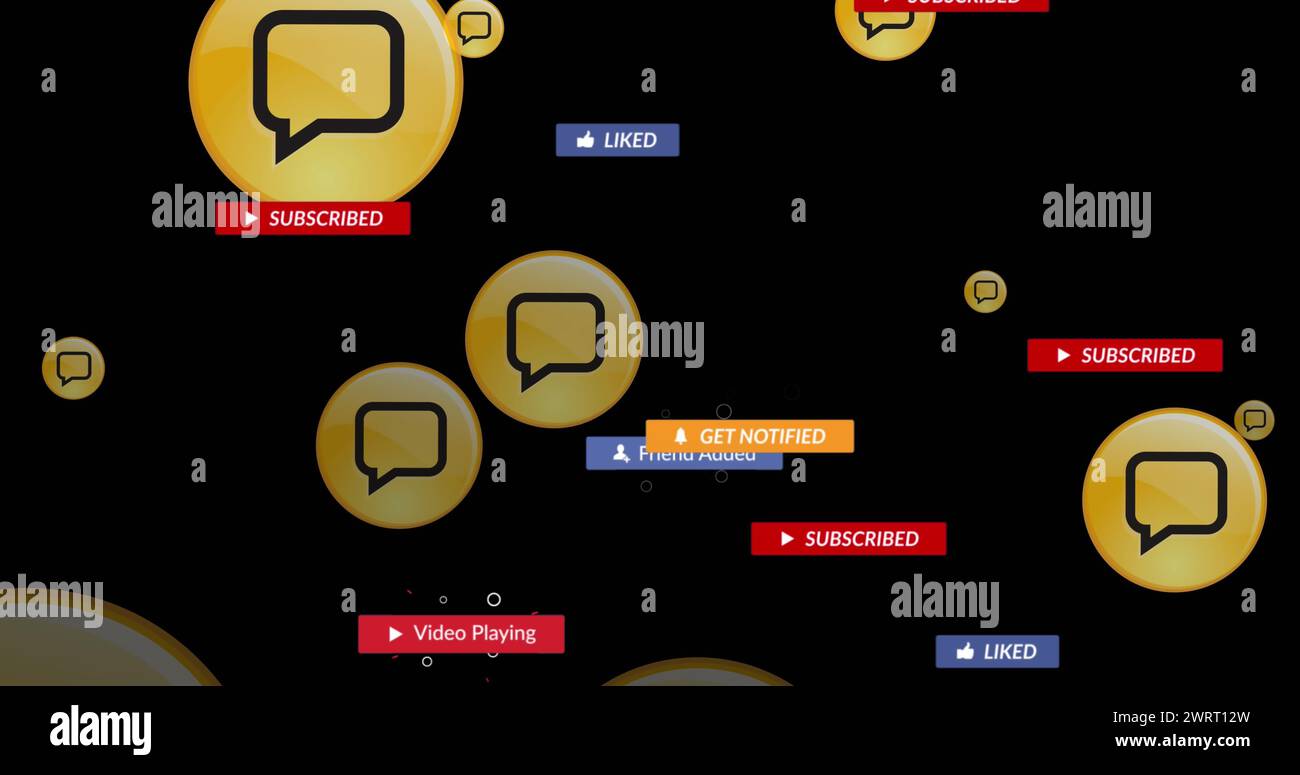 Image of social media icons with texts over speech bubbles on black ...