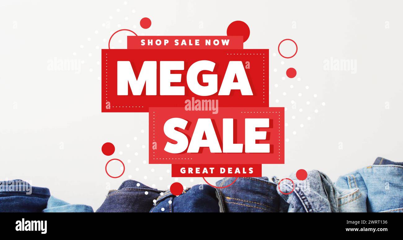Image of mega sale text over denim trousers on white background Stock ...