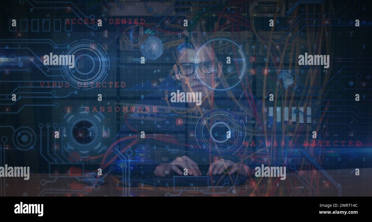 Image of cyber attack warning text and data processing over male hacker Stock Photo - Alamy