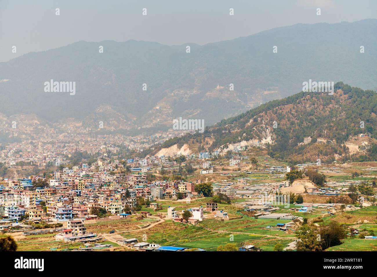 View of Kathmandu capital of Nepal from mountain through urban haze ...