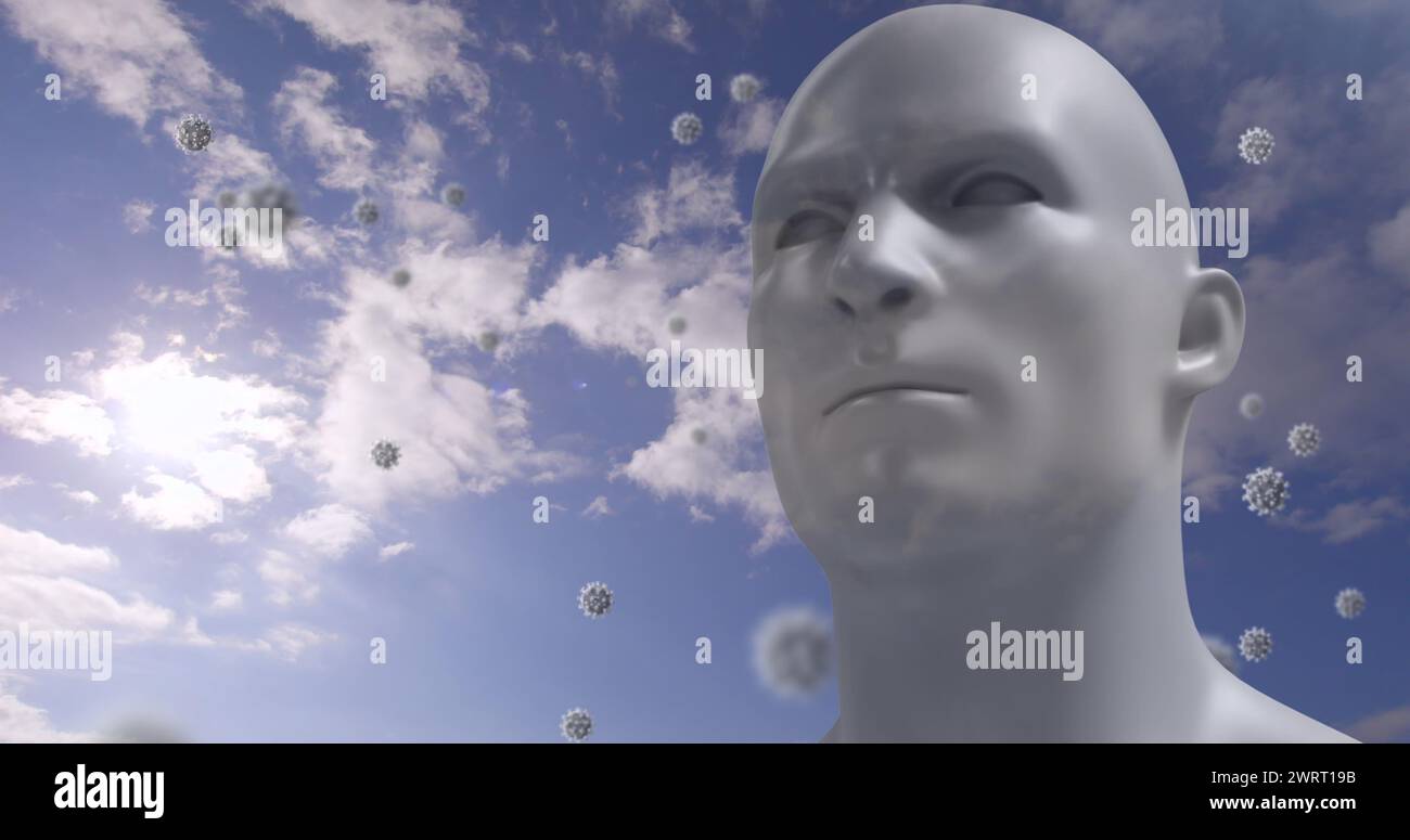 Image of a digital human head with giant virus models floating on a sky ...