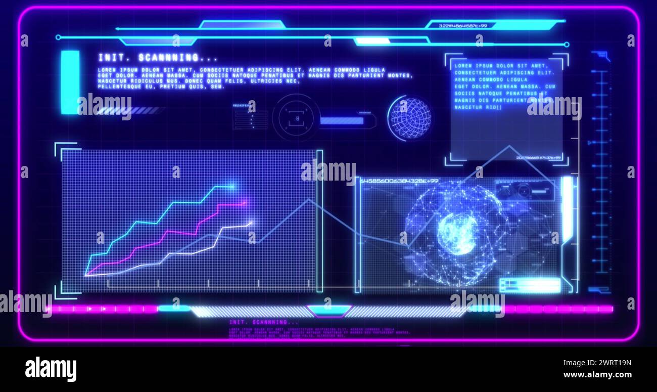The data processing image on blue background shows a blue line graph ...