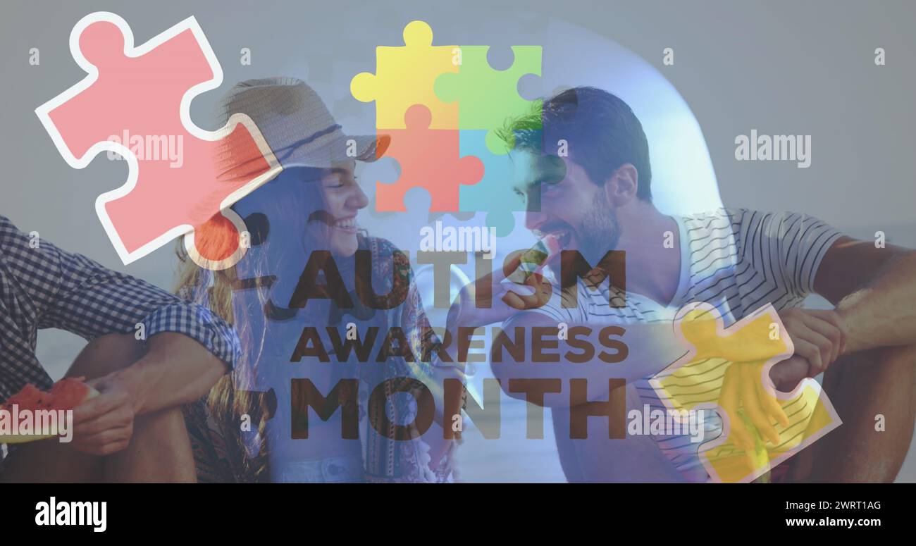 Image of colourful puzzle pieces and autism text over happy friends at ...
