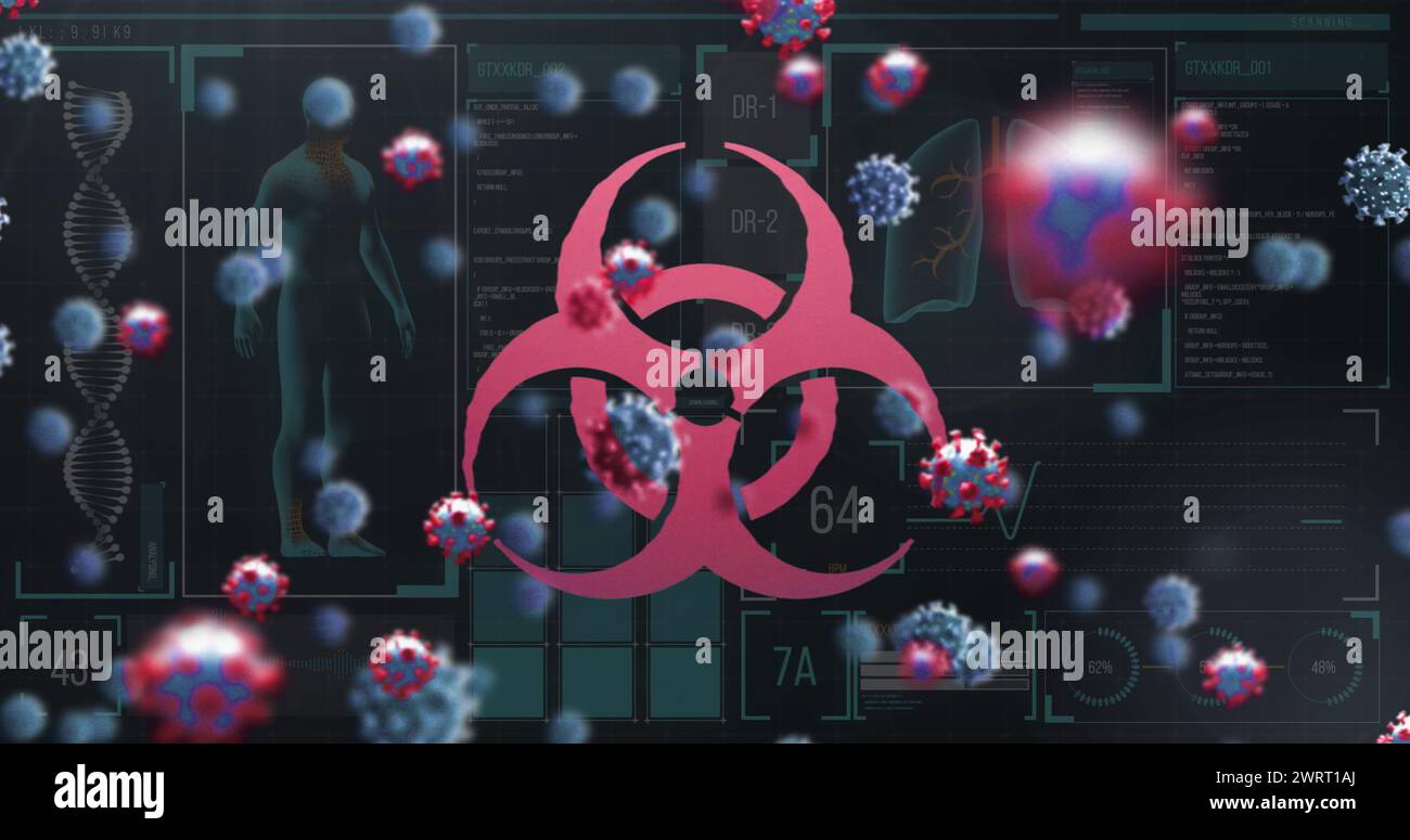 Image of macro Covid-19 cells floating on black background with a red ...