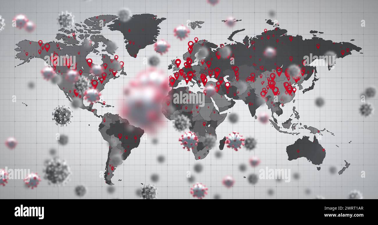 Image of macro Covid-19 cells floating on grey background with a world ...