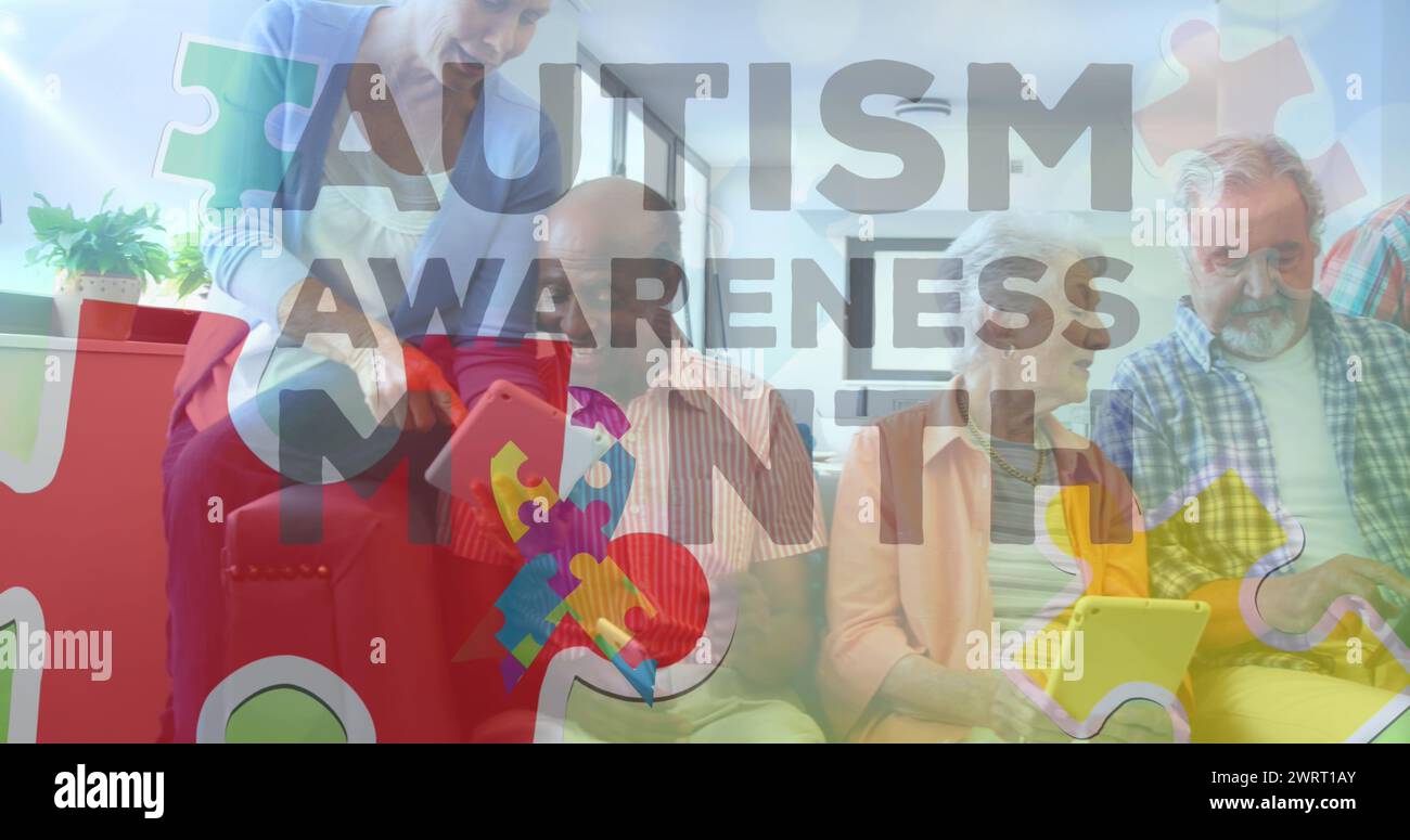 Image of colourful puzzle pieces and autism text over senior friends ...