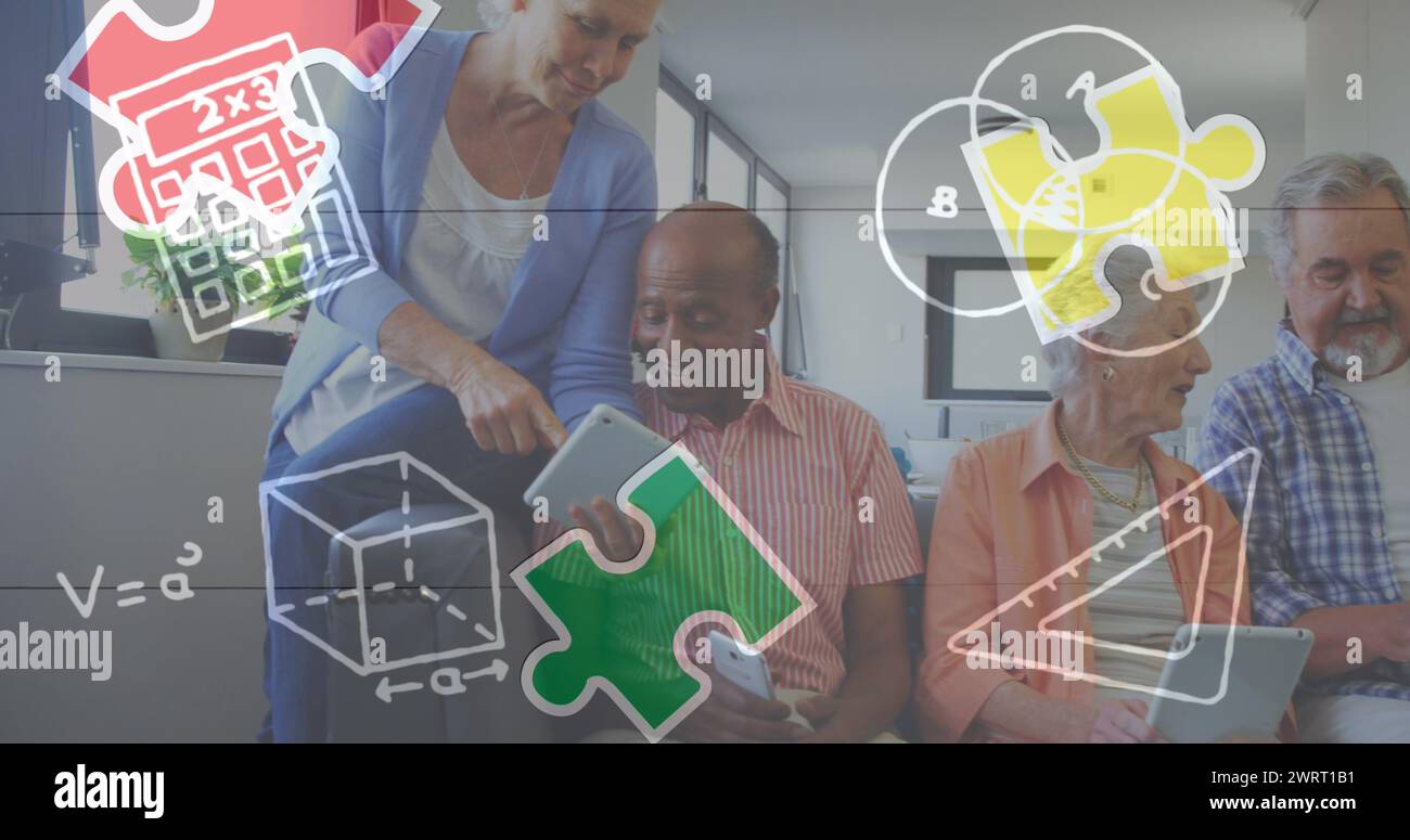 Image of colourful puzzle pieces and school items over senior friends ...