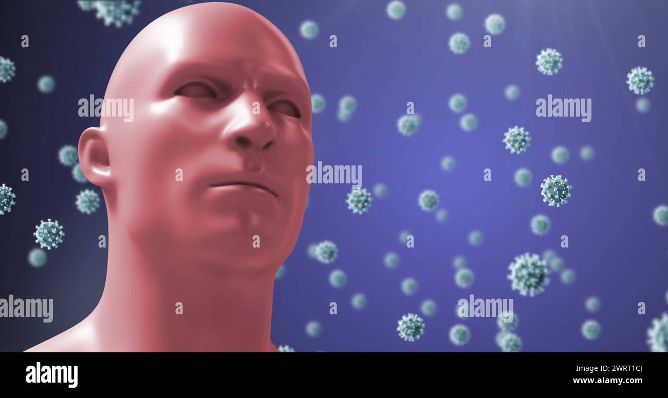 Image of a digital human head with giant virus models floating on a ...