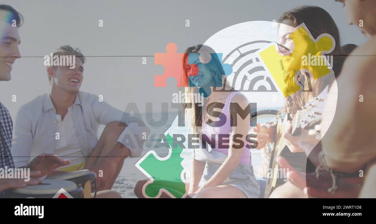 Image of colourful puzzle pieces and autism text over happy friends at ...