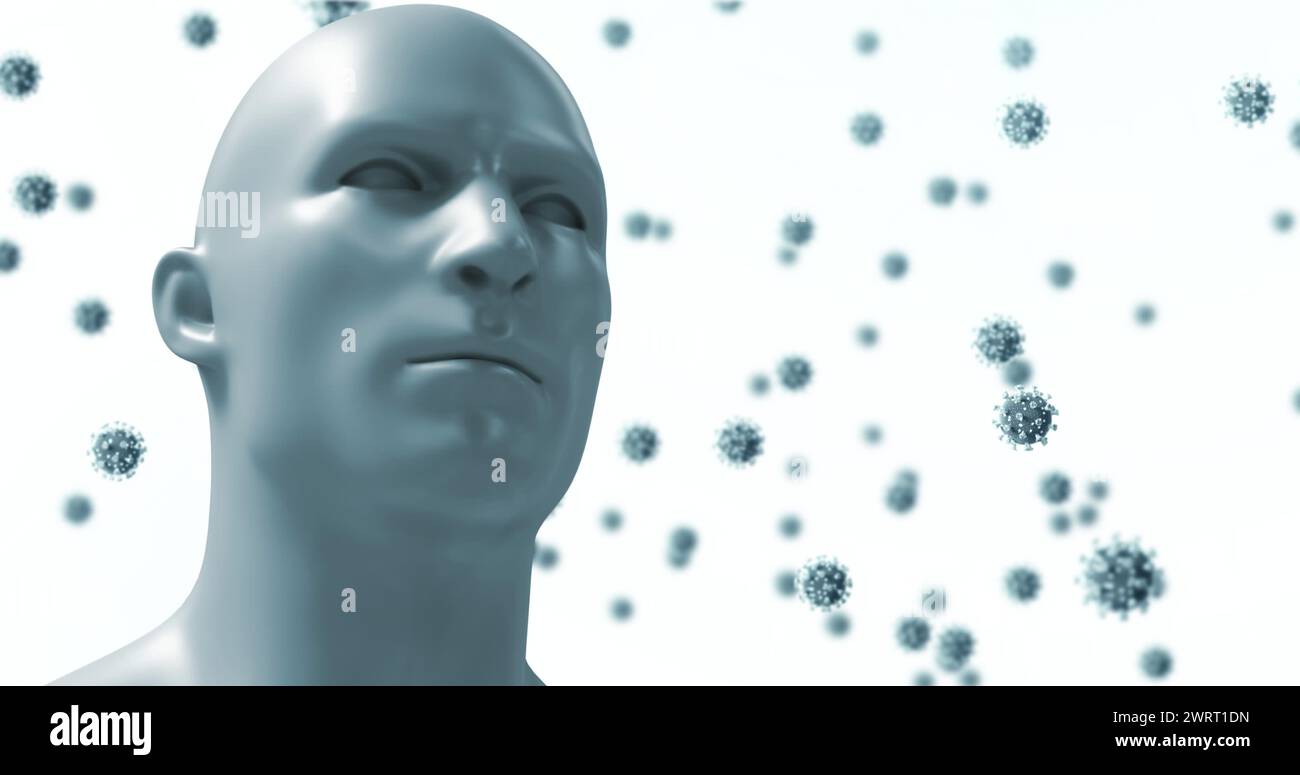 Image of a digital human head with giant virus models floating on a ...