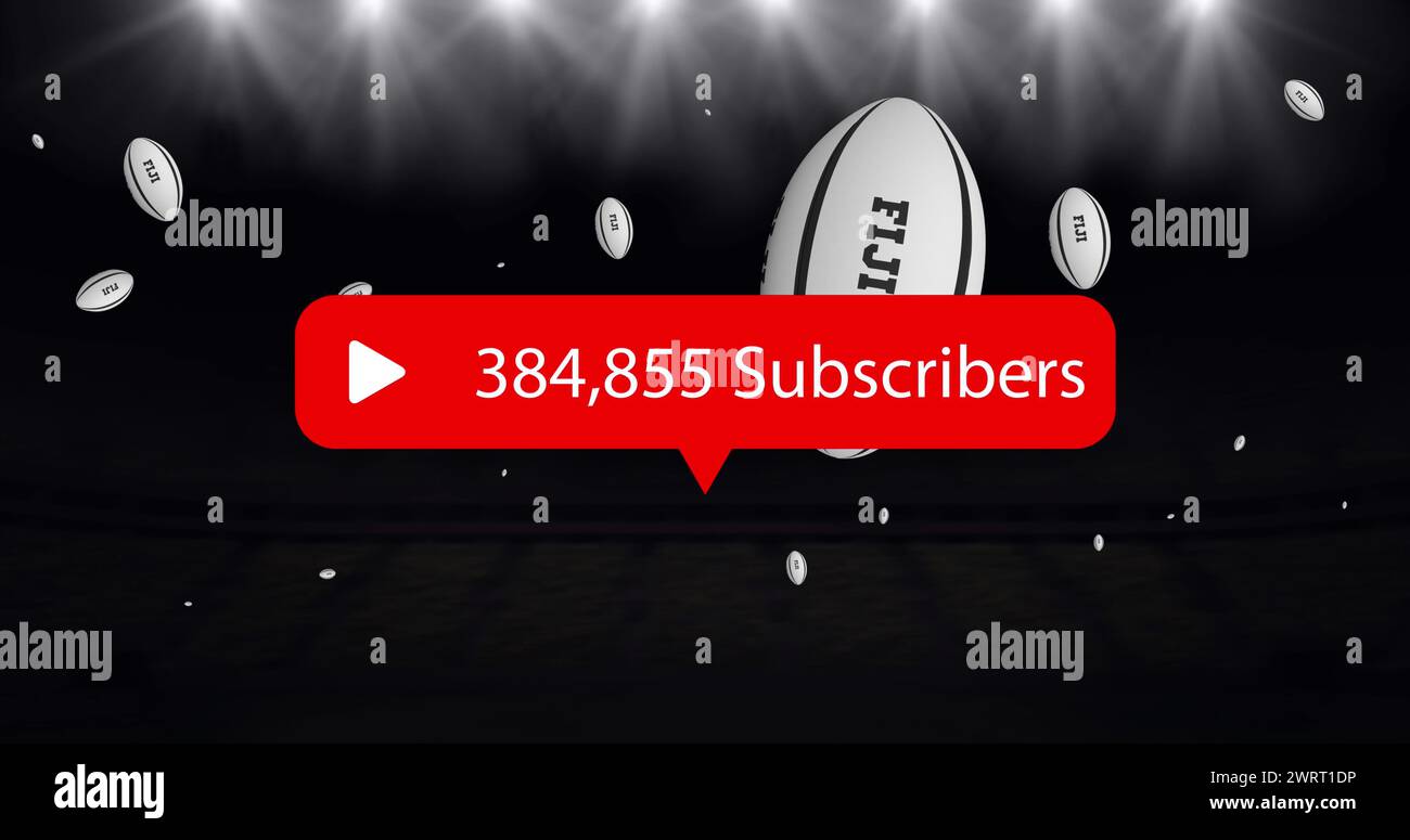 Image of media icon over rugby balls falling with fiji text at stadium ...