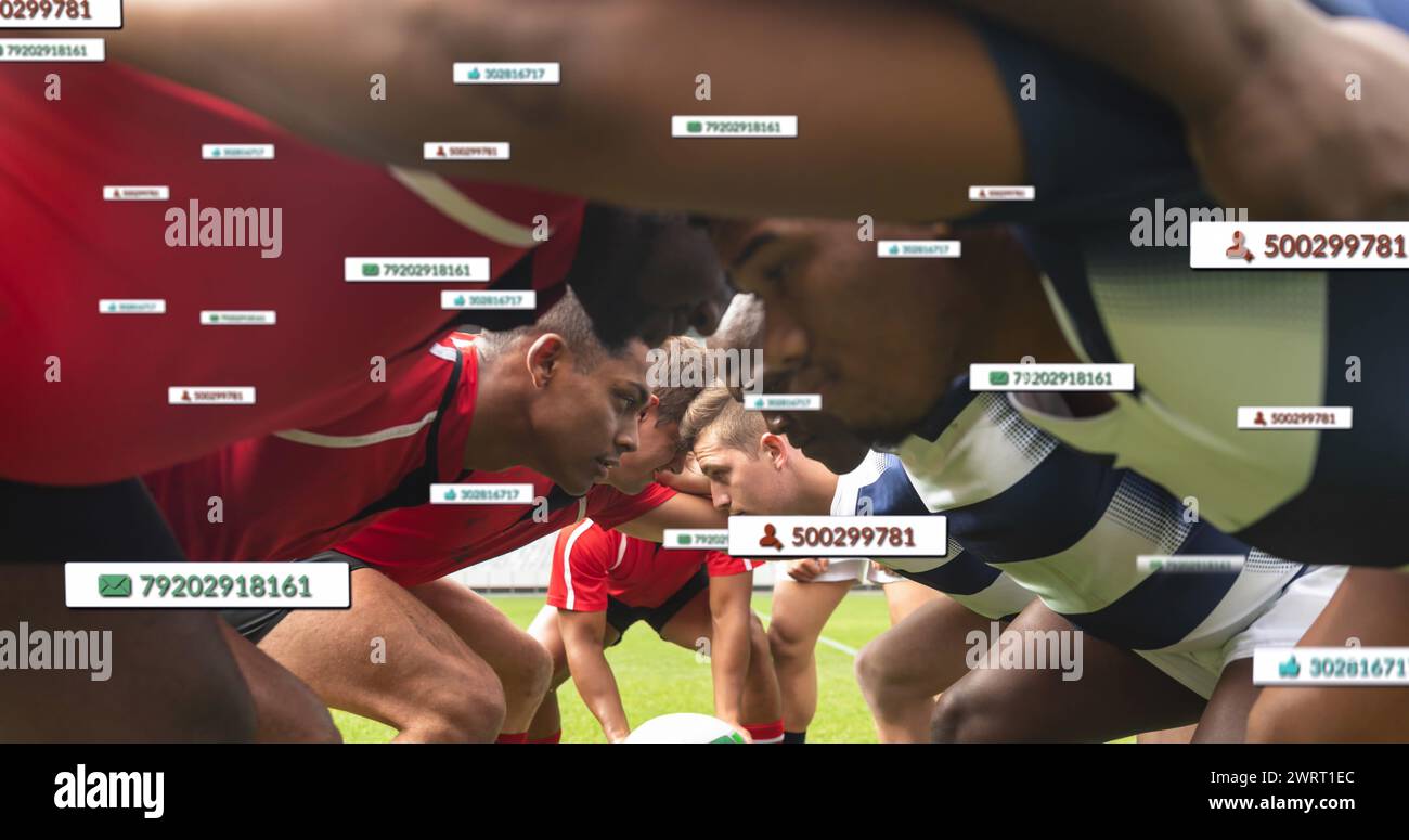 Image of media icons over diverse male rugby players playing at stadium ...