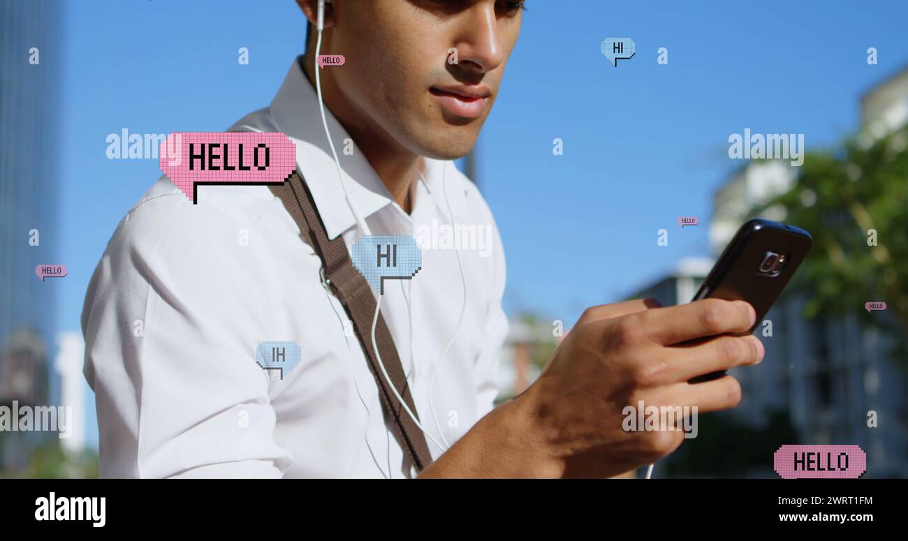 Image of hello and hi over midsection of biracial man using smartphone ...
