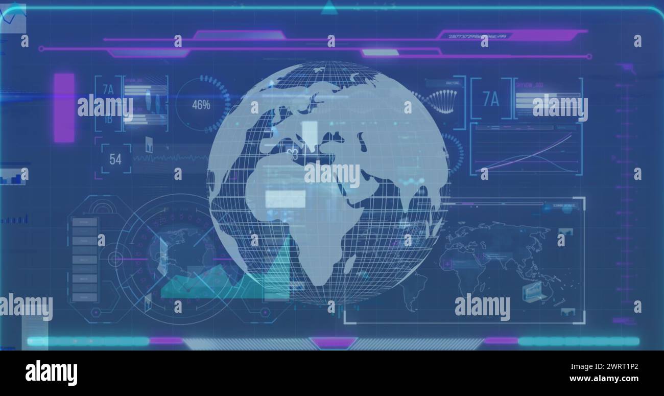 Image of infographic data with graphs, globe processing on digital ...