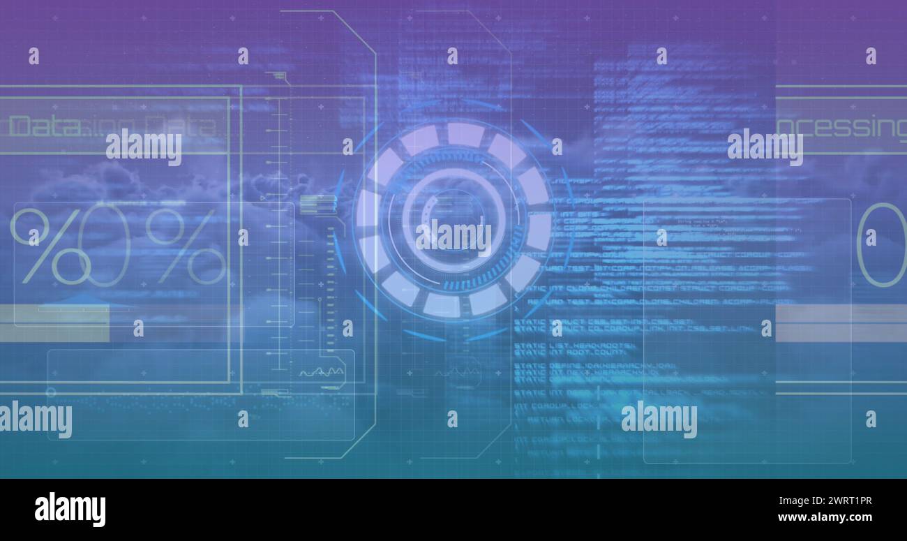 Image of data, digital screens and processing circle on blue and violet ...