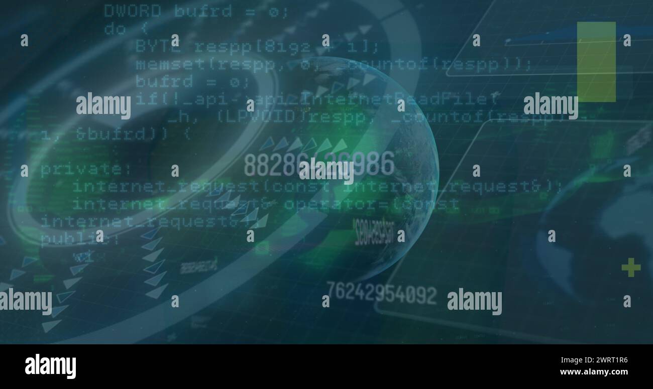 Image of hud processing with financial data, globe on digital interface ...