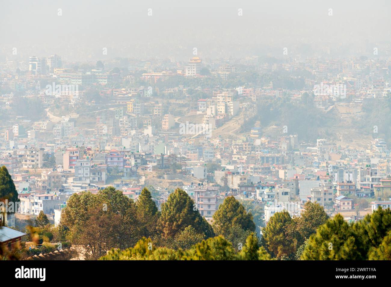 View of Kathmandu capital of Nepal from mountain through urban haze ...