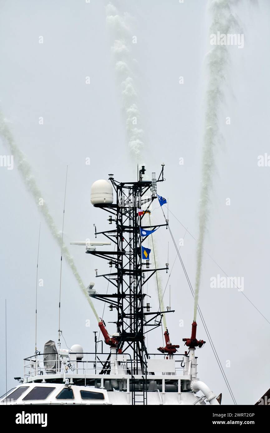 Fireboat water salute close up view, fireboat directing jets of water ...