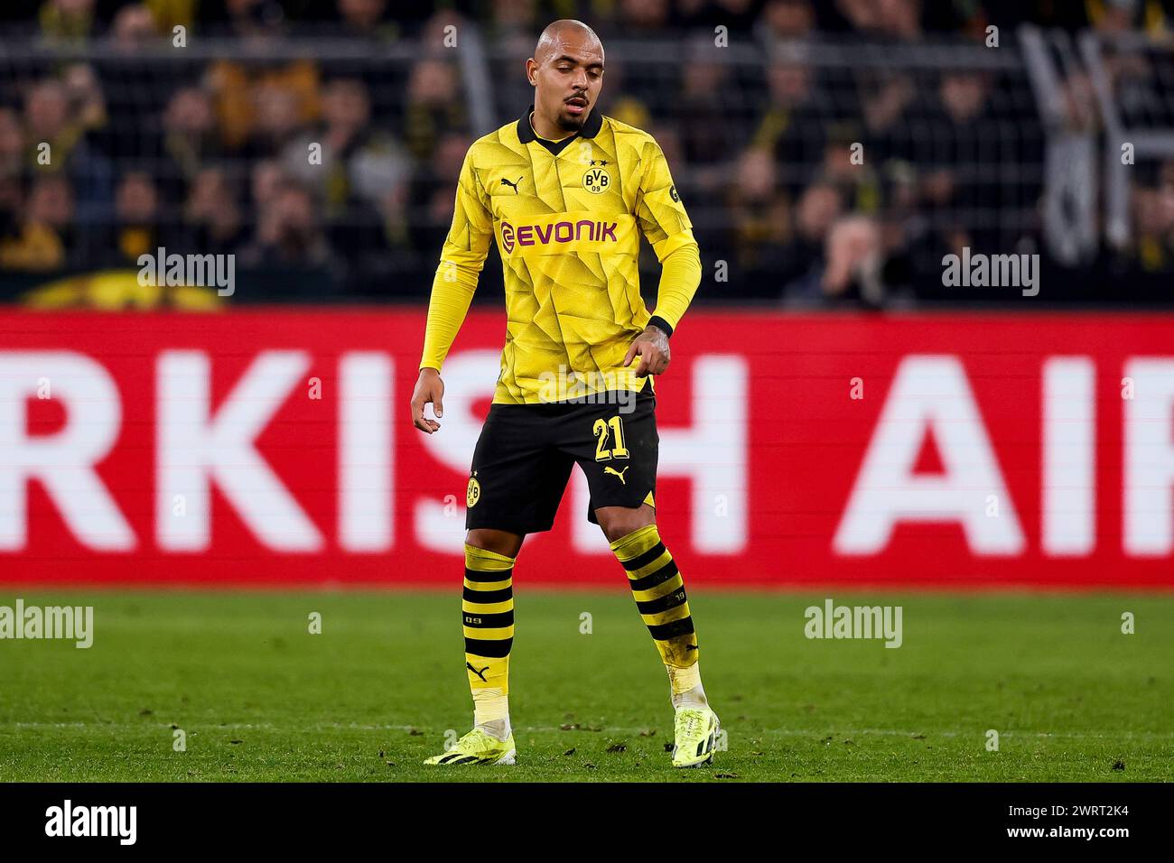 DORTMUND , GERMANY - MARCH 13: Donyell Malen (Borussia Dortmund) looks ...