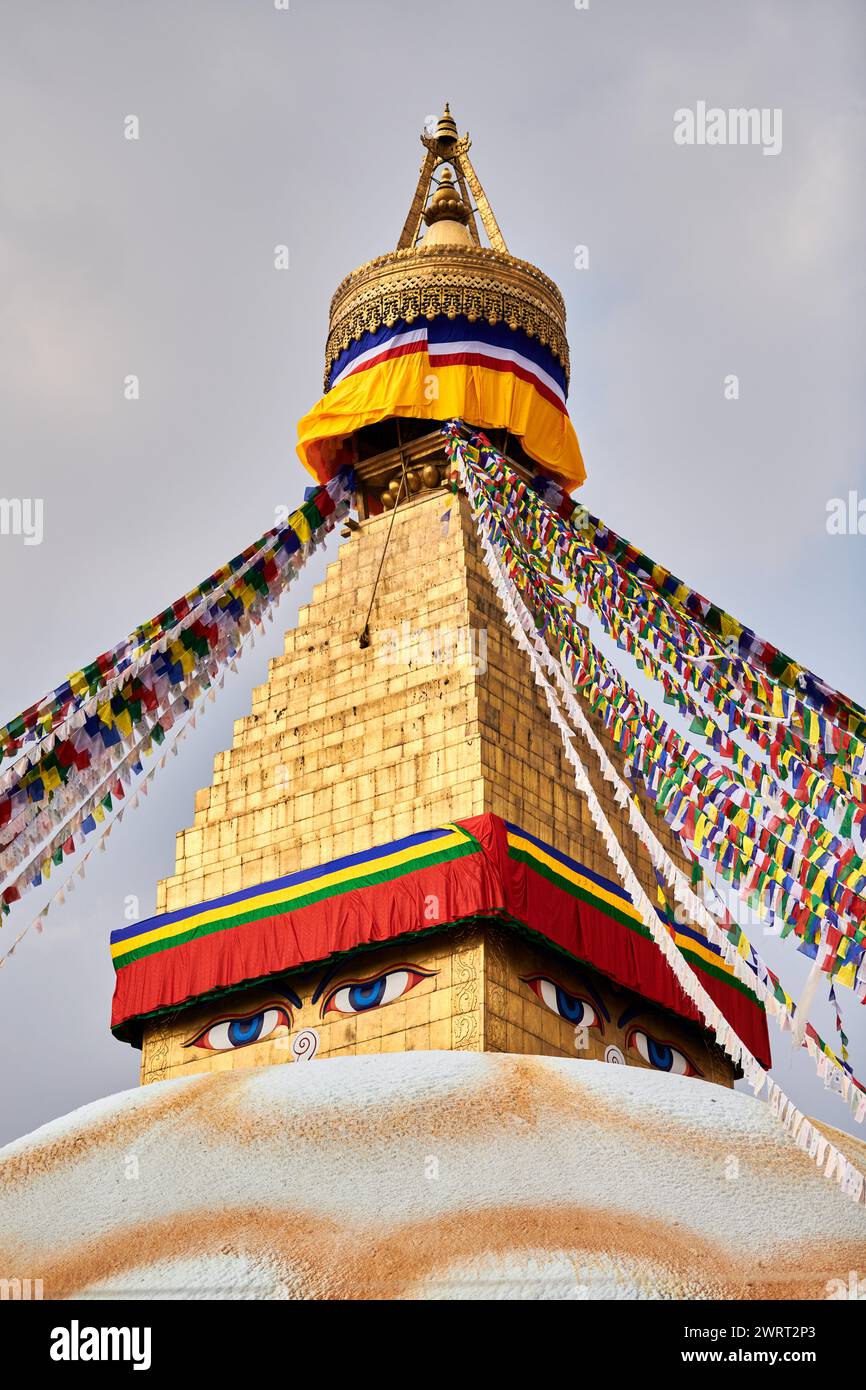 Boudhanath stupa in Kathmandu, Nepal decorated Buddha wisdom eyes and ...