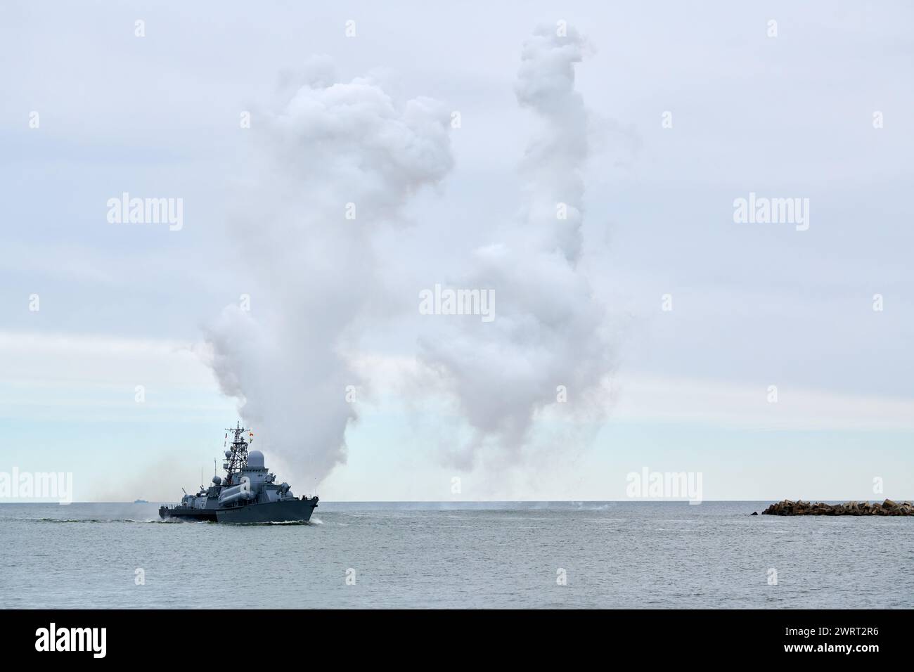 Russian warship fired decoy flares for self defense, sailing at sea ...