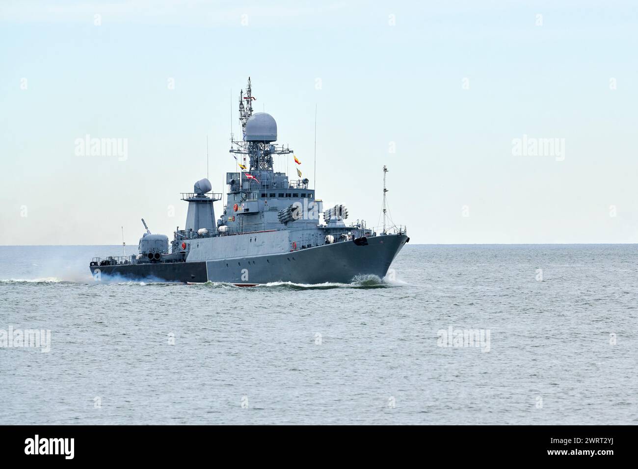 Russian warship armed with armament sails into sea toward military ...