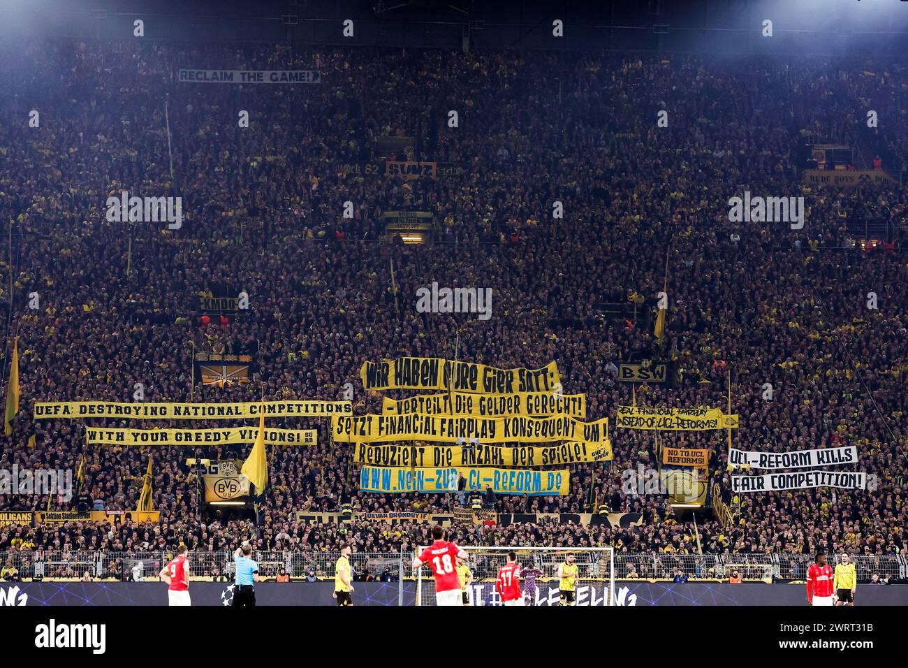DORTMUND , GERMANY - MARCH 13: fans of Borussia Dortmund with banner ...