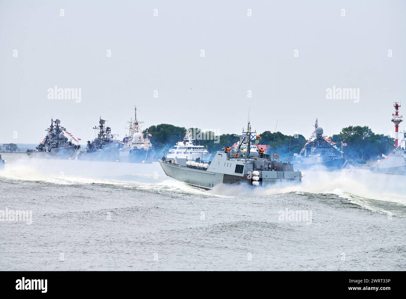 Military warship sailing along Russian naval forces parade warships ...