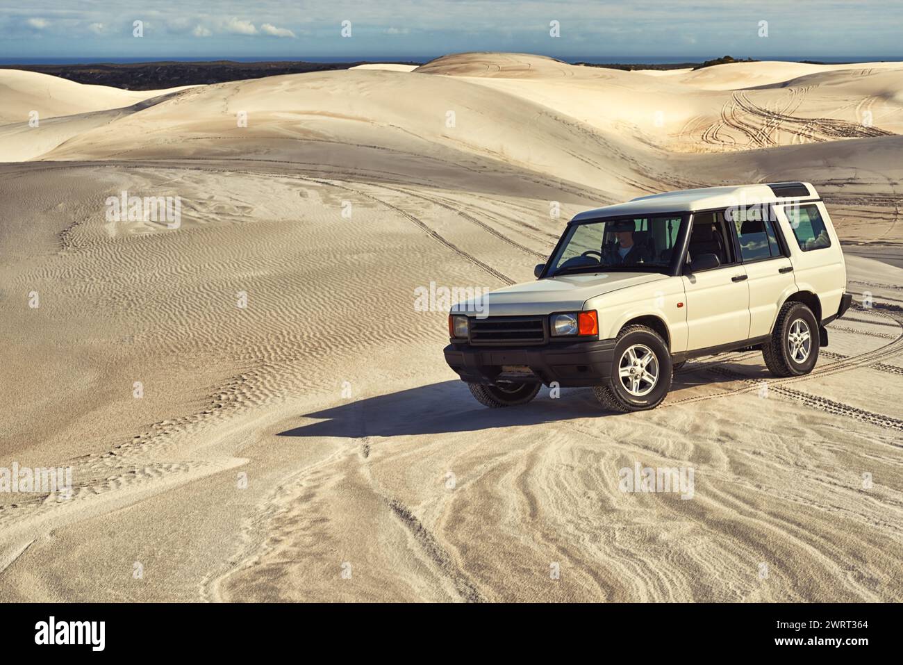Car, desert and driving with travel and transportation outdoor, off ...