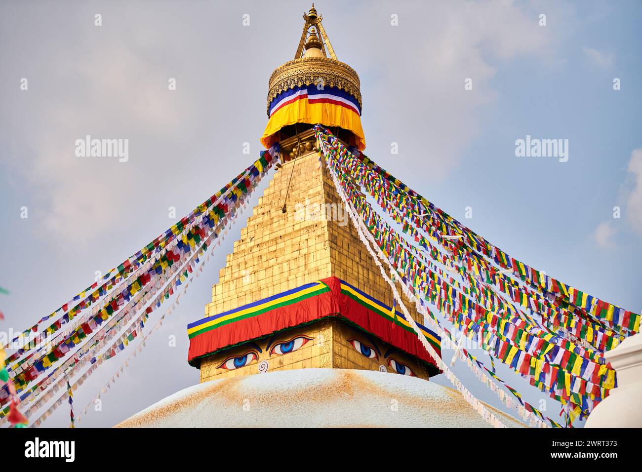Boudhanath stupa in Kathmandu, Nepal decorated Buddha wisdom eyes and ...